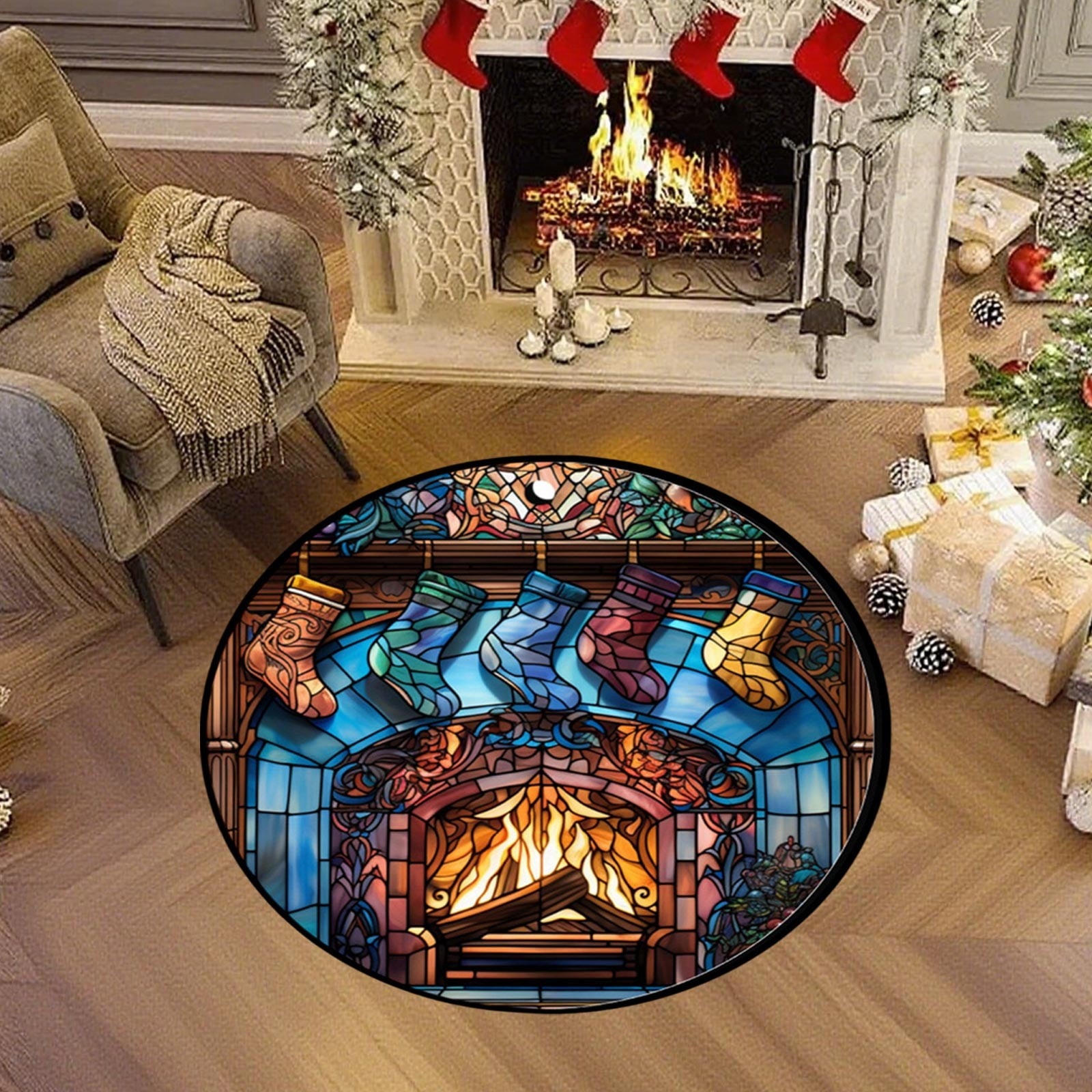 Christmas Themed Round Area Rug 40cm Non-Slip Holiday Decor Mat for ...