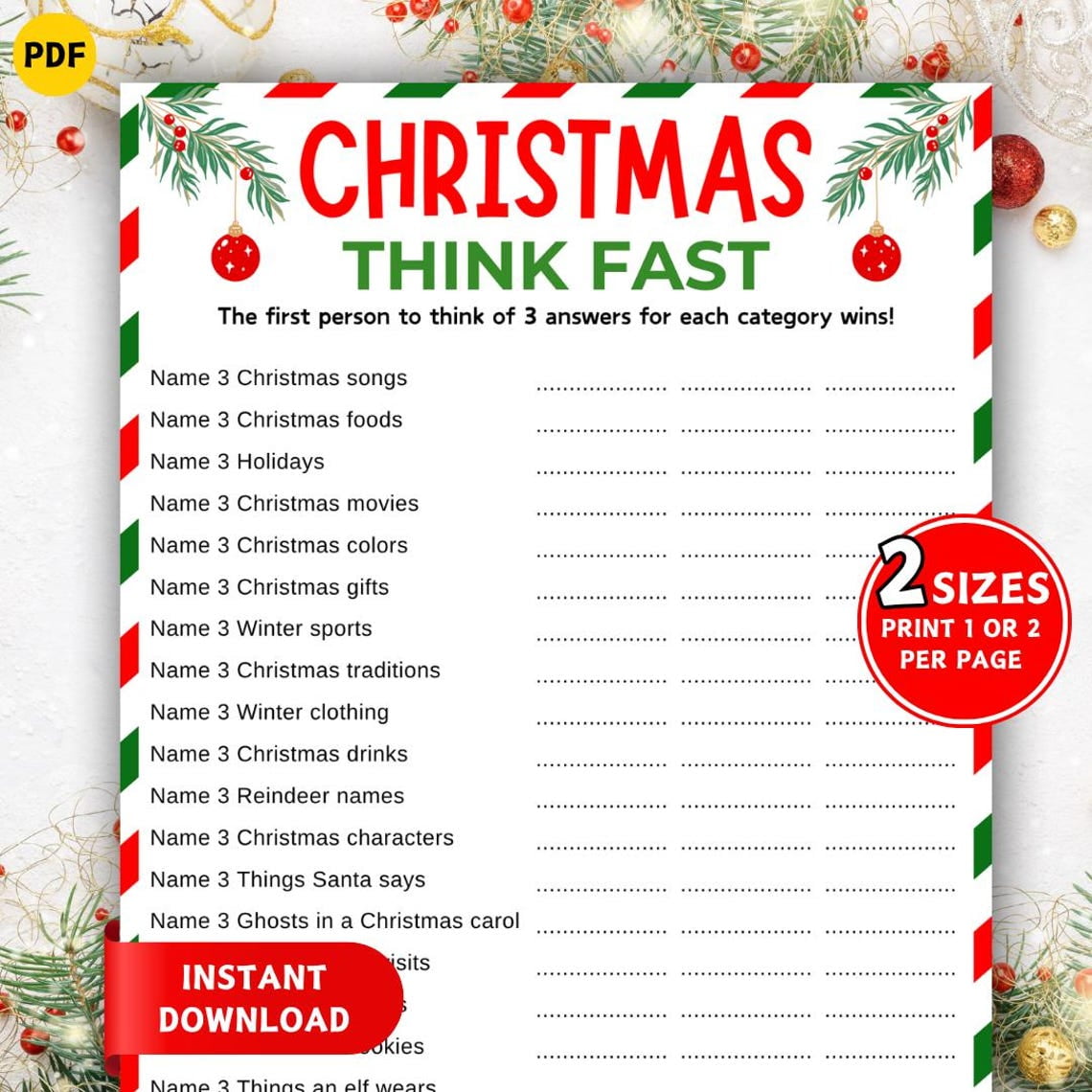 Christmas Think Fast Game Printable Christmas Games Quick Trivia ...