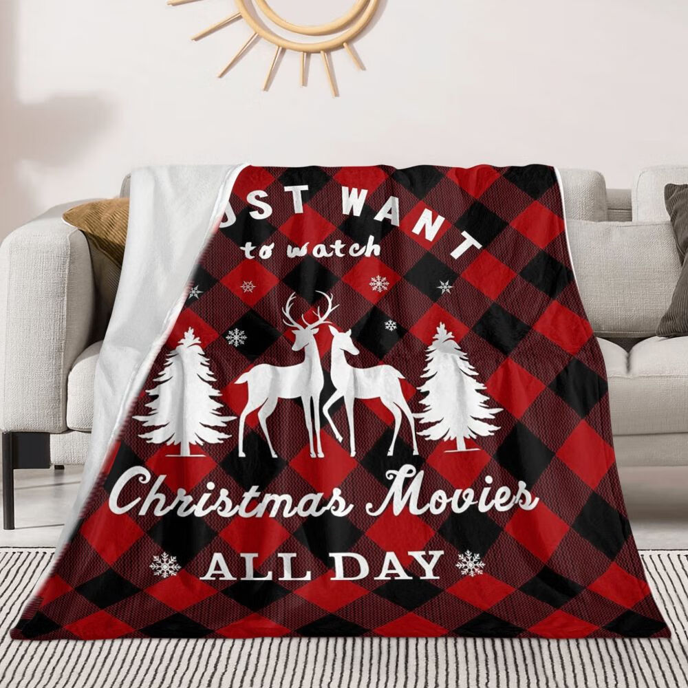 Christmas Throw Blanket Flannel Blanket, Xmas Reindeer Tree on Red ...