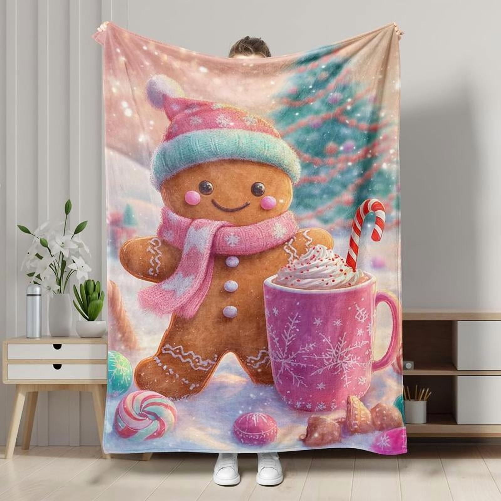 Christmas Throw Blanket Gingerbread Man Box Cartoon Sanwfall Pink Soft ...