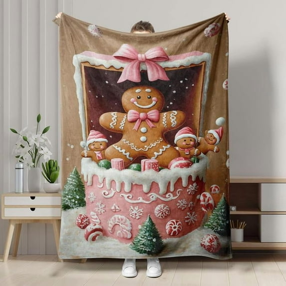 Christmas Throw Blanket Gingerbread Man Box Cartoon Sanwfall Pink Soft ...