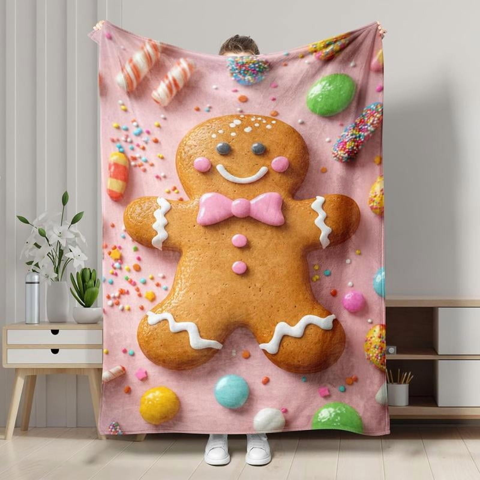 Christmas Throw Blanket Gingerbread Man Box Cartoon Sanwfall Pink Soft ...