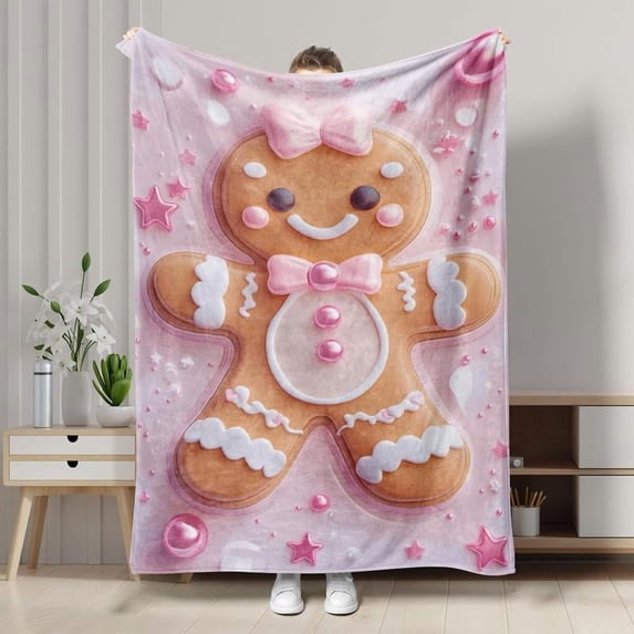 Christmas Throw Blanket Gingerbread Man Box Cartoon Sanwfall Pink Soft ...