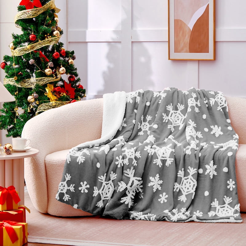 Christmas Throw Blanket, Grey Snowflakes Sherpa Blanket for Holiday ...
