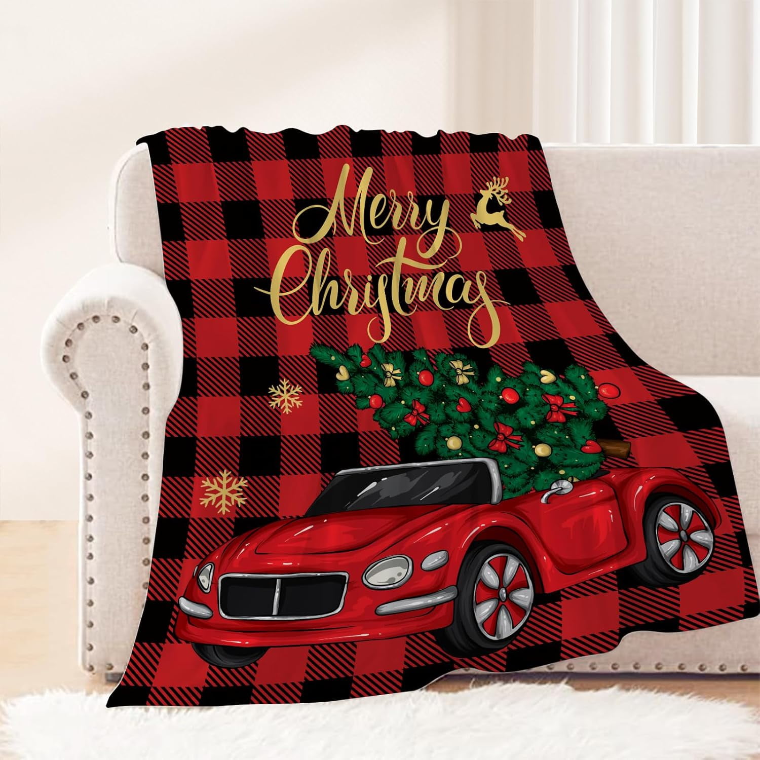 Christmas Throw Blanket Red Plaid Christmas Truck Blanket Xmas Winter ...