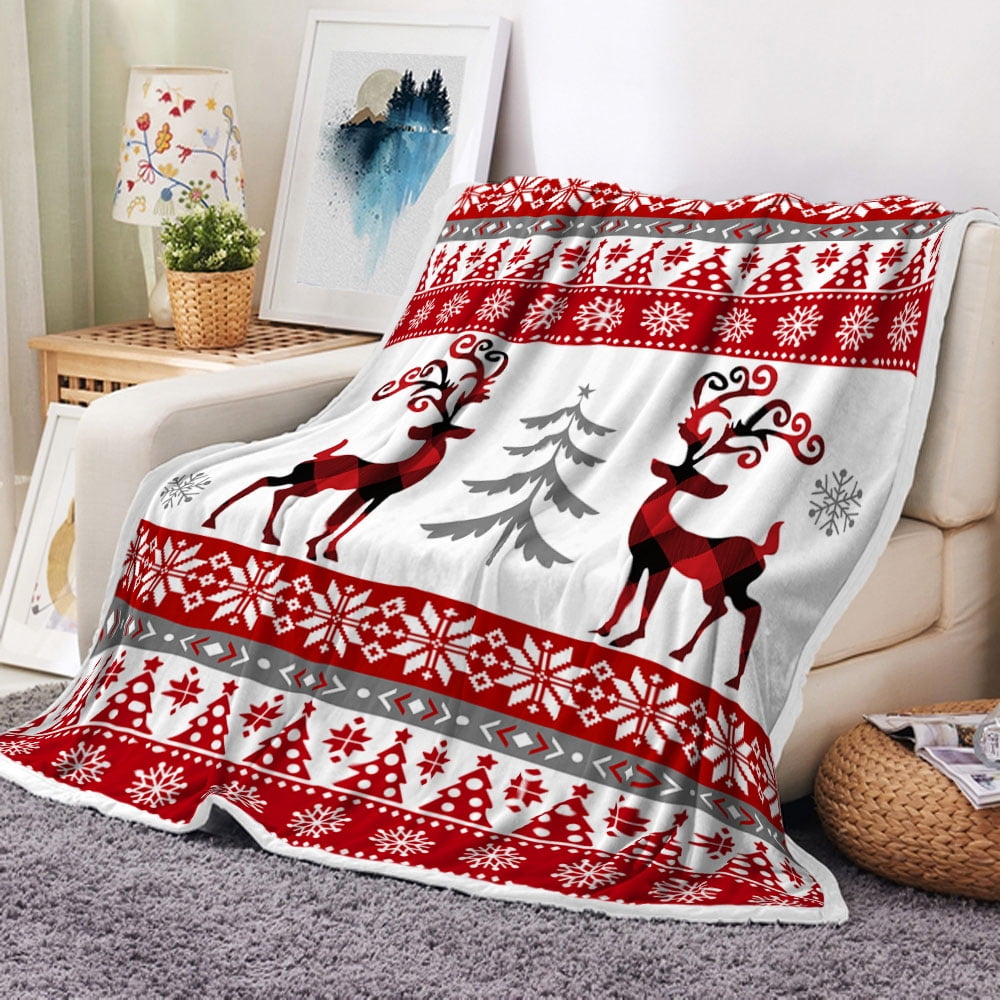Christmas Throw Blanket, Winter Red Reindeer Snowflakes Soft Flannel ...