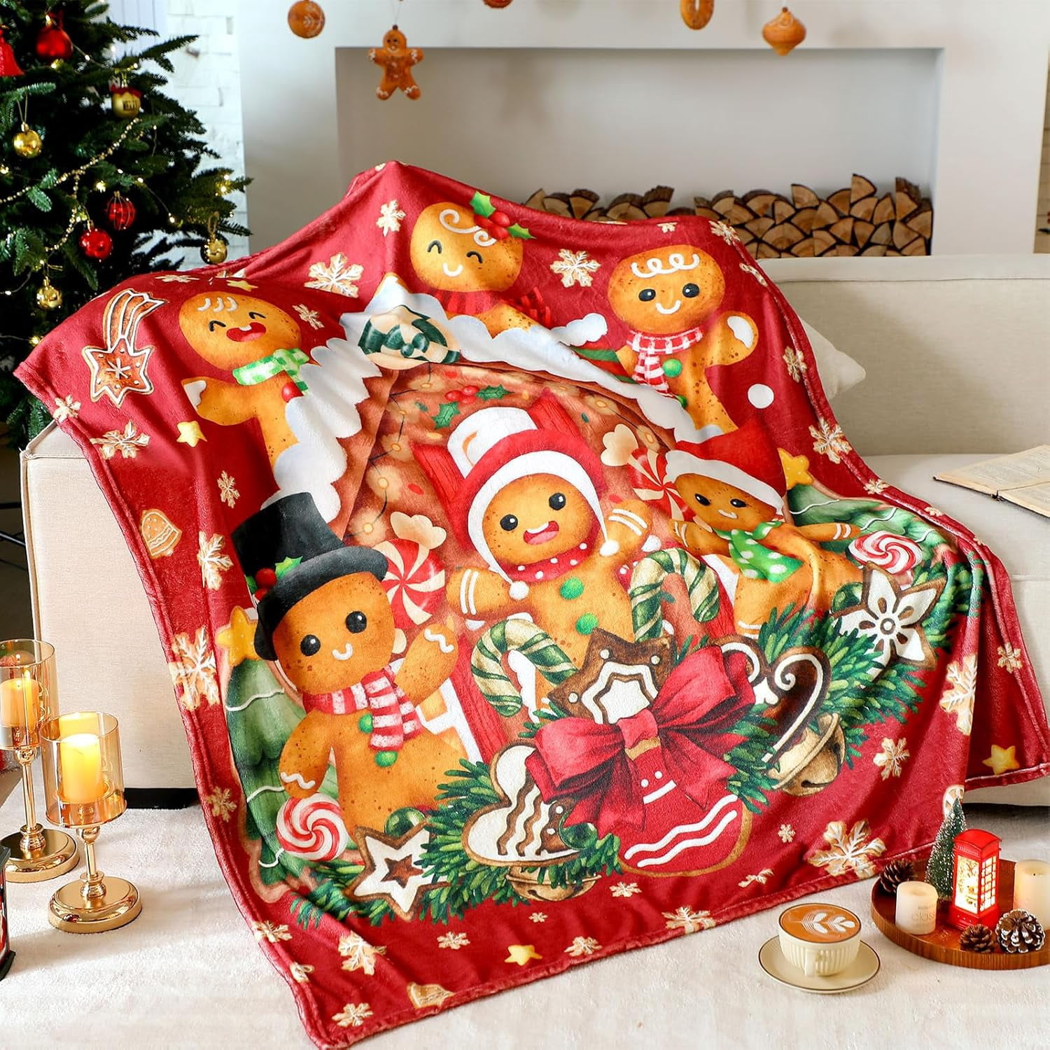 Christmas Throw Flannel Blanket Gingerbread Man Cozy Fuzzy Warm Candy ...