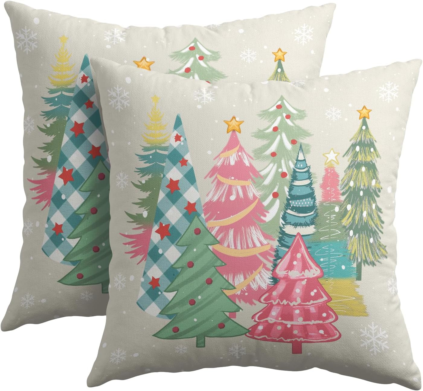 Christmas Throw Pillow Covers 22x22 Inch Pink Yellow Green Xmas Trees ...