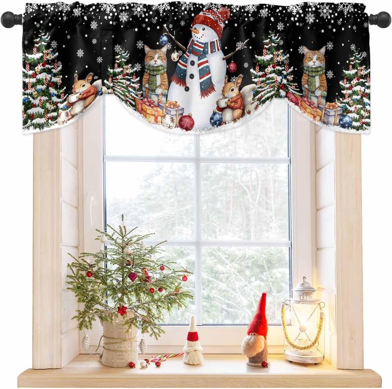 Christmas Tie Up Valance Curtains Xmas Tree Snowman Ball Cat Squirrel ...