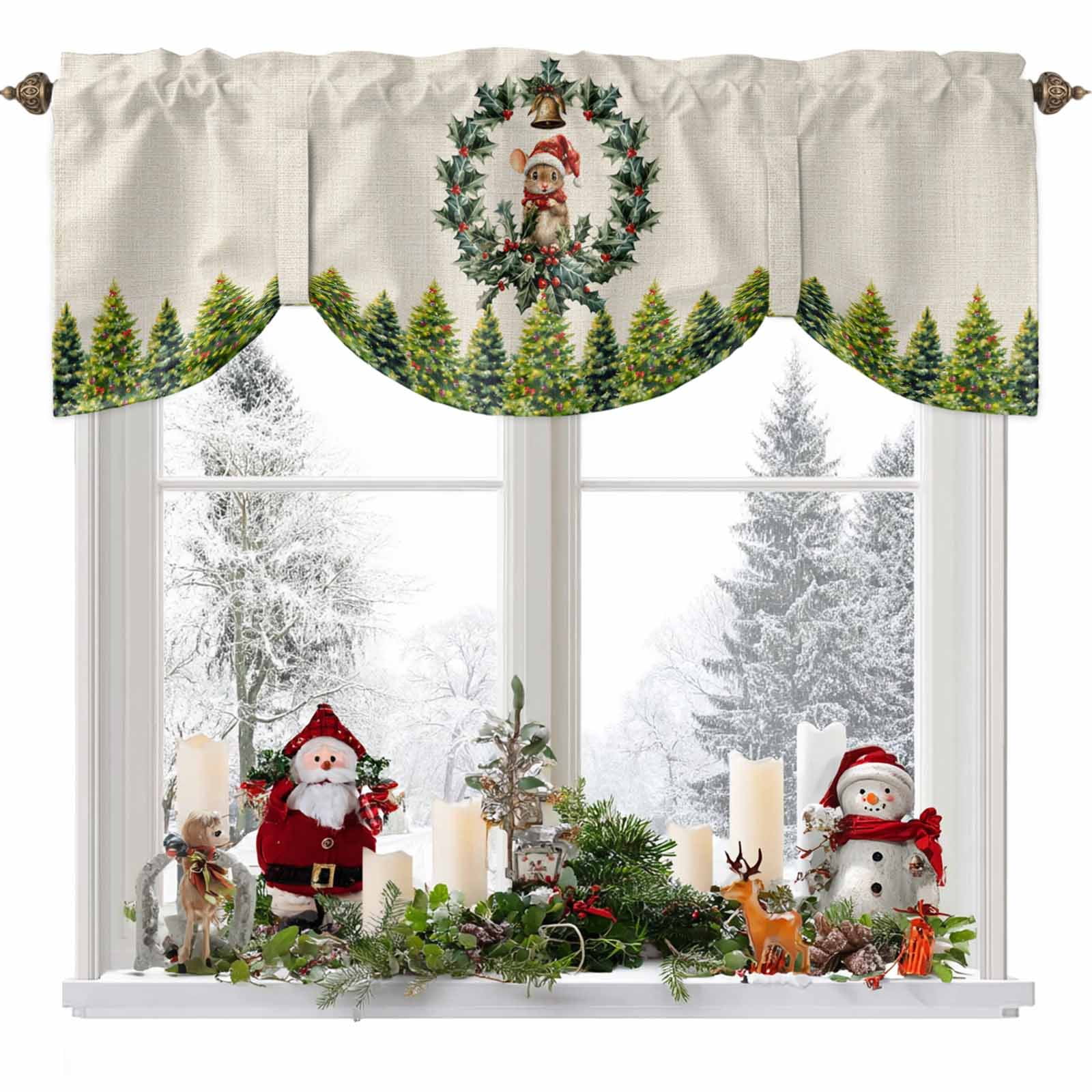 Christmas Tie Up Valances Curtain, Cute Mouse Pine Tree Leaf Wreath ...
