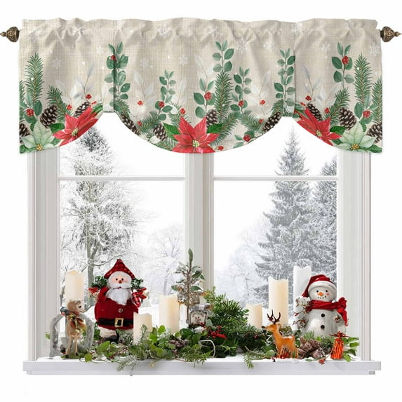 Christmas Tie Up Valances Curtain, Poinsettia Snowflake Linen Pine Cone ...