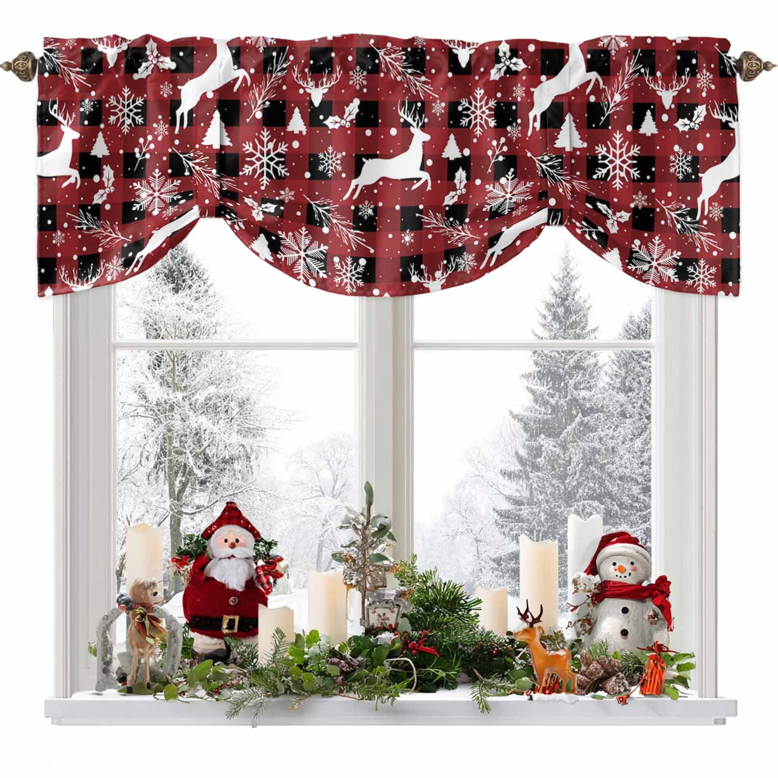 Christmas Tie Up Valances Curtain, Red Black Plaid Reindeer Pine Tree ...