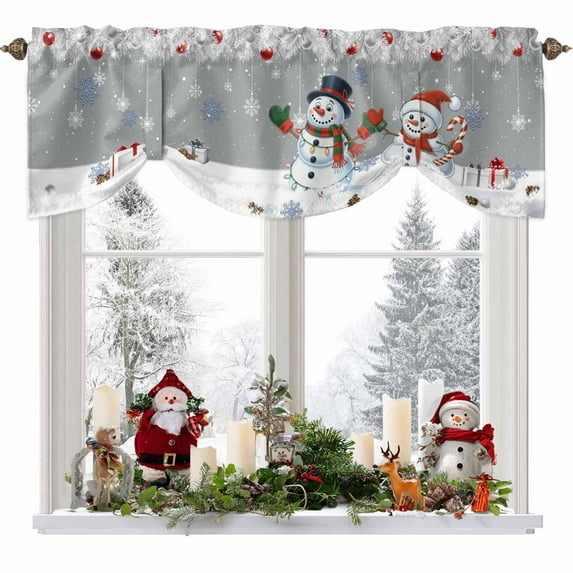Christmas Tie Up Valances Curtain, Red Snowman White Snow Pine Leaf ...