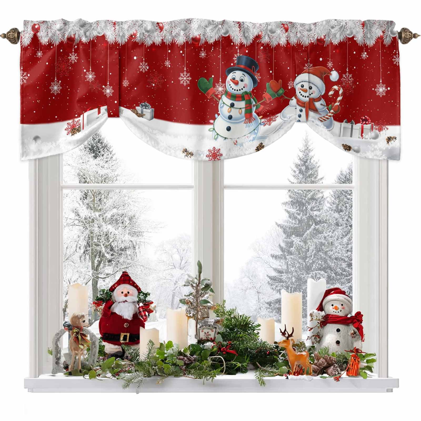 Christmas Tie Up Valances Curtain, Red Snowman White Snowflakes Pine ...