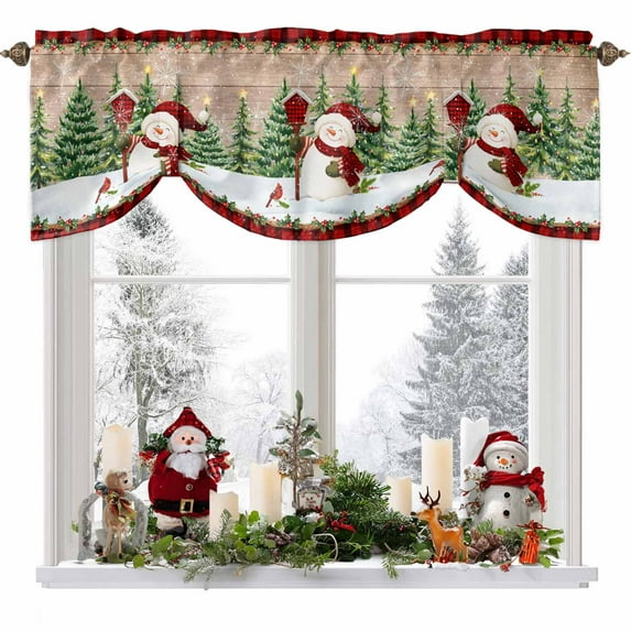 Christmas Tie Up Valances Curtain, Xmas Tree Forest Snowflake Wood Red ...