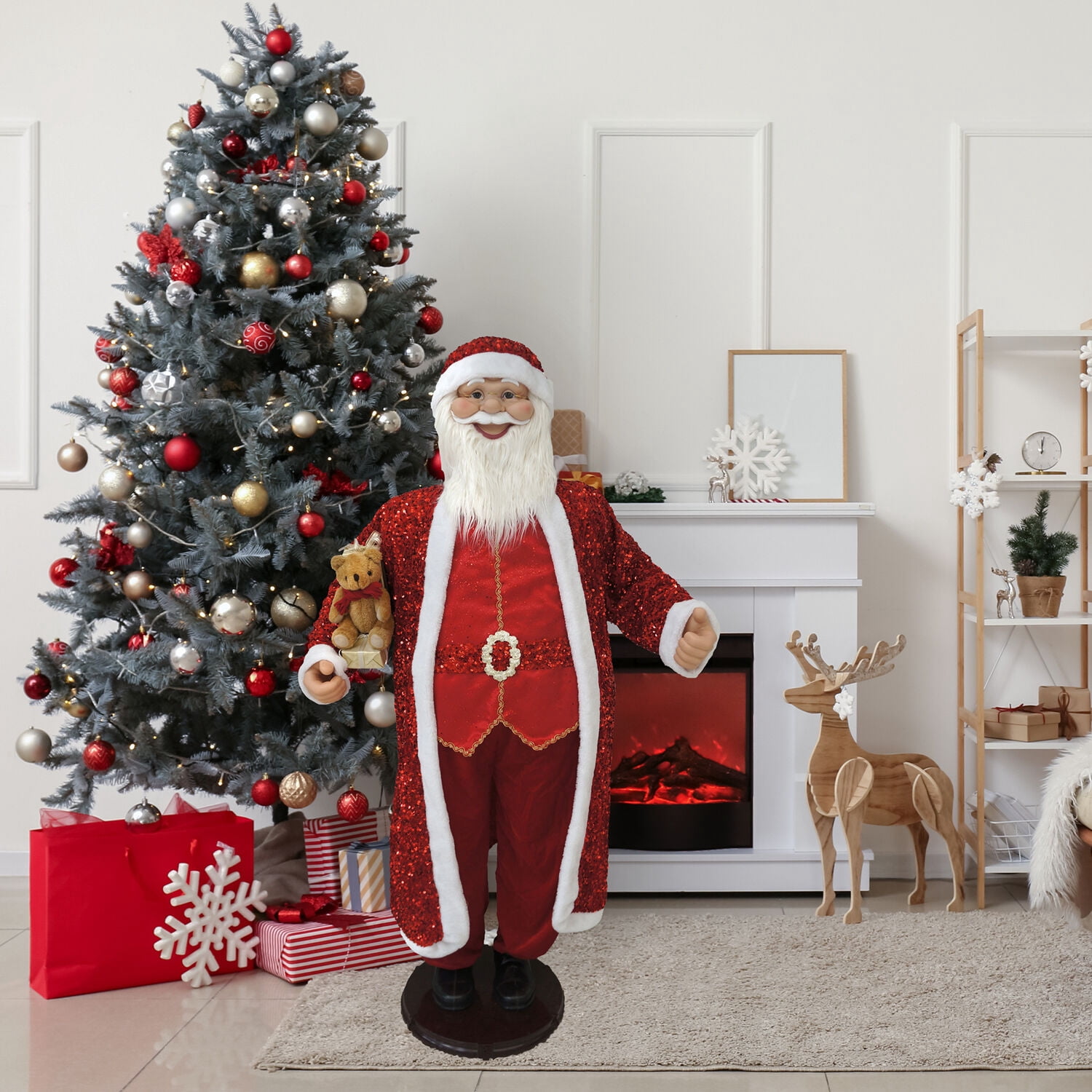 Christmas Time 58-In. Dancing Santa in Red Sequin Suit with Teddy Bear ...