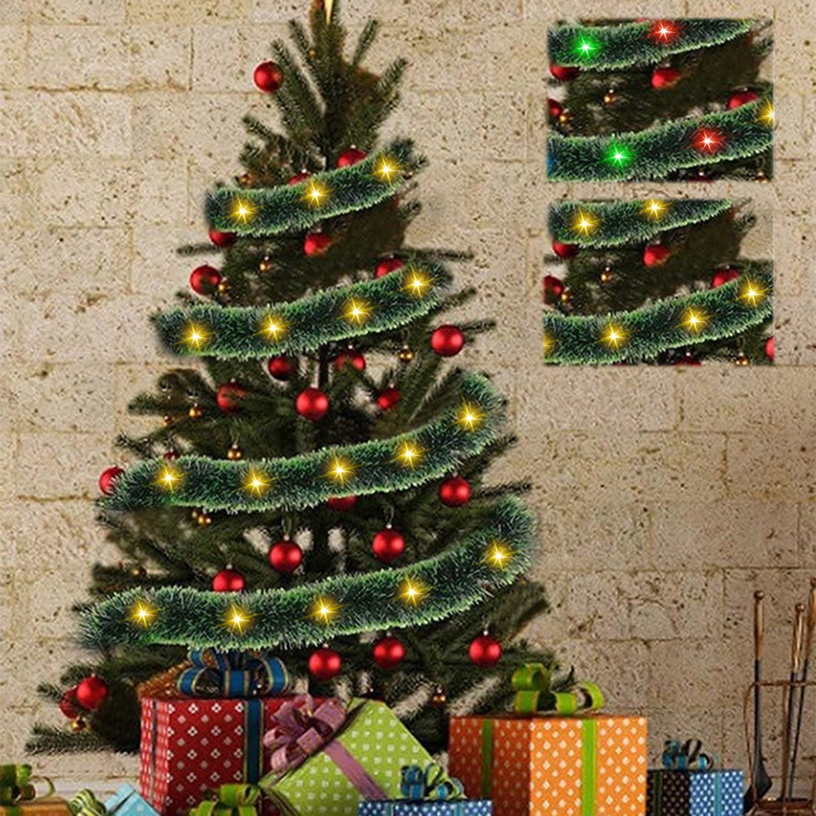 Christmas Tinsel Garland with LED Lights,49.21 Feet Green Artificial ...