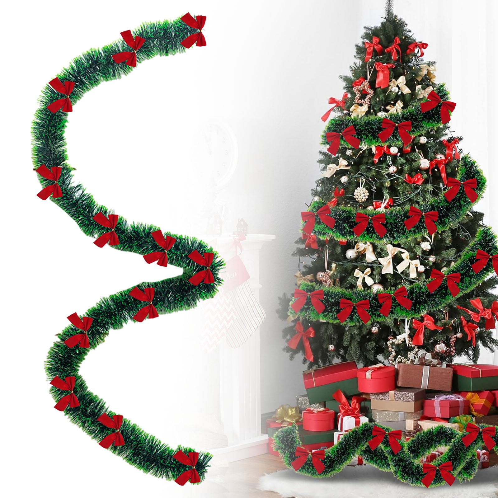 Christmas Tinsel Garland with Red Bows, 78.74 inch Sparkly Hanging ...
