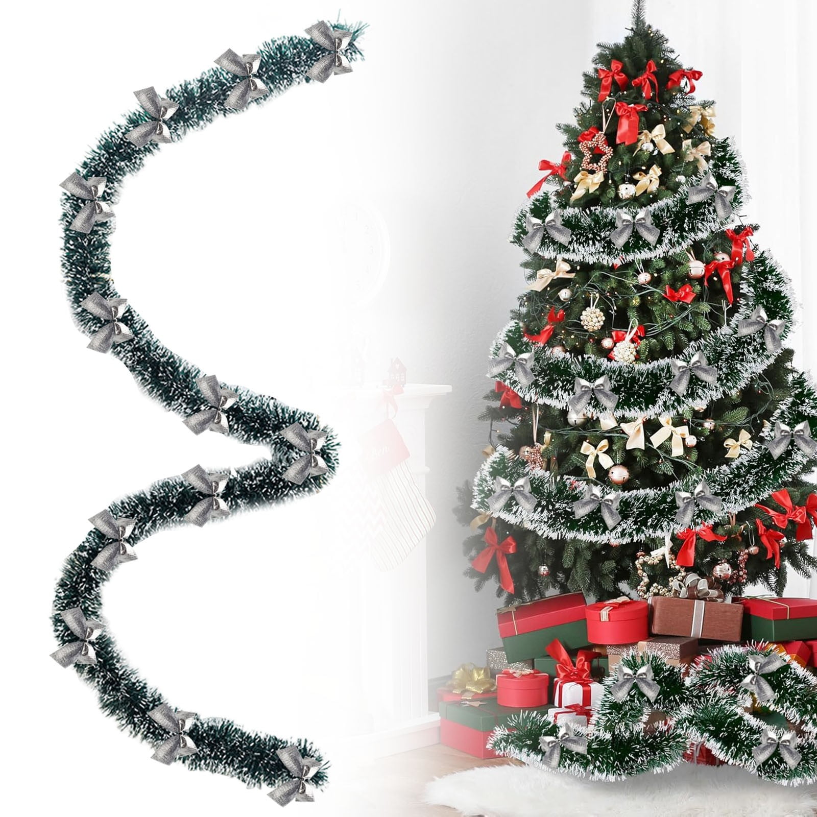 Christmas Tinsel Garland with Red Bows, 78.74 inch Sparkly Hanging ...