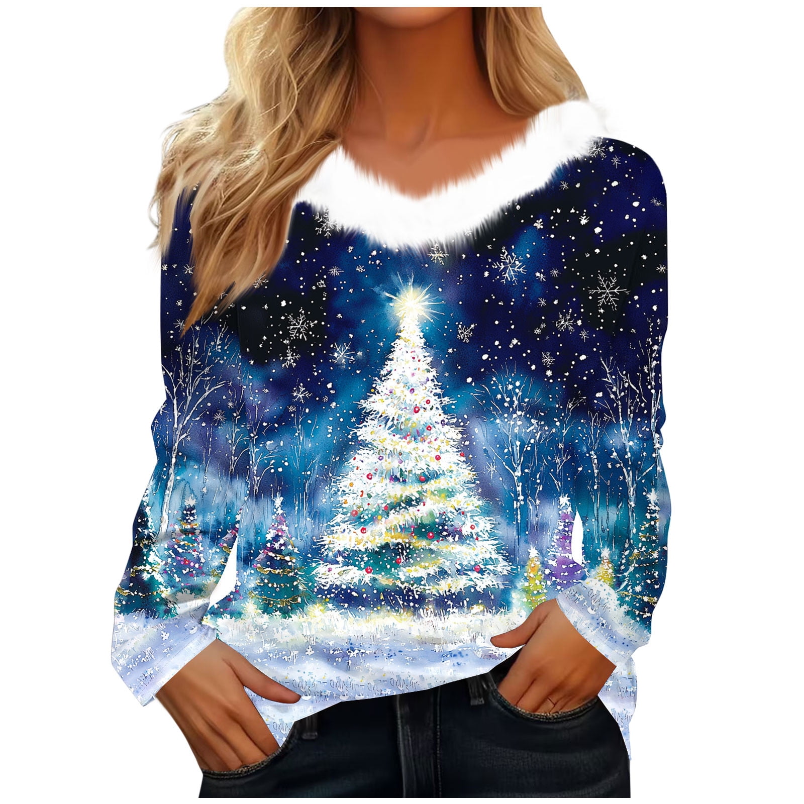 Christmas Tops Womens Fluffy V Neck Pullover Tinsel Sweatshirt ...