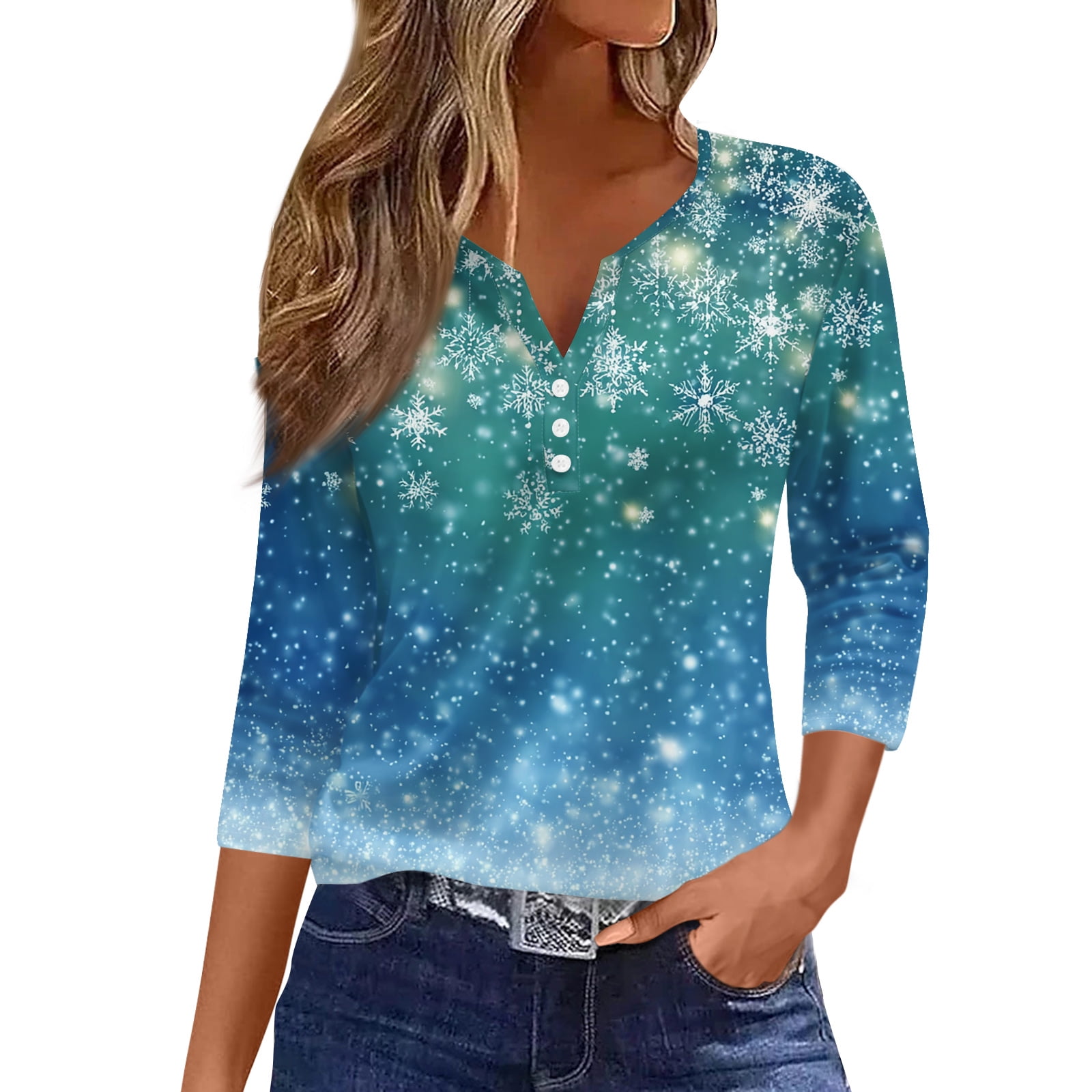 Christmas Tops for Women Henley Neck Button Down Shirts 3/4 Sleeve ...