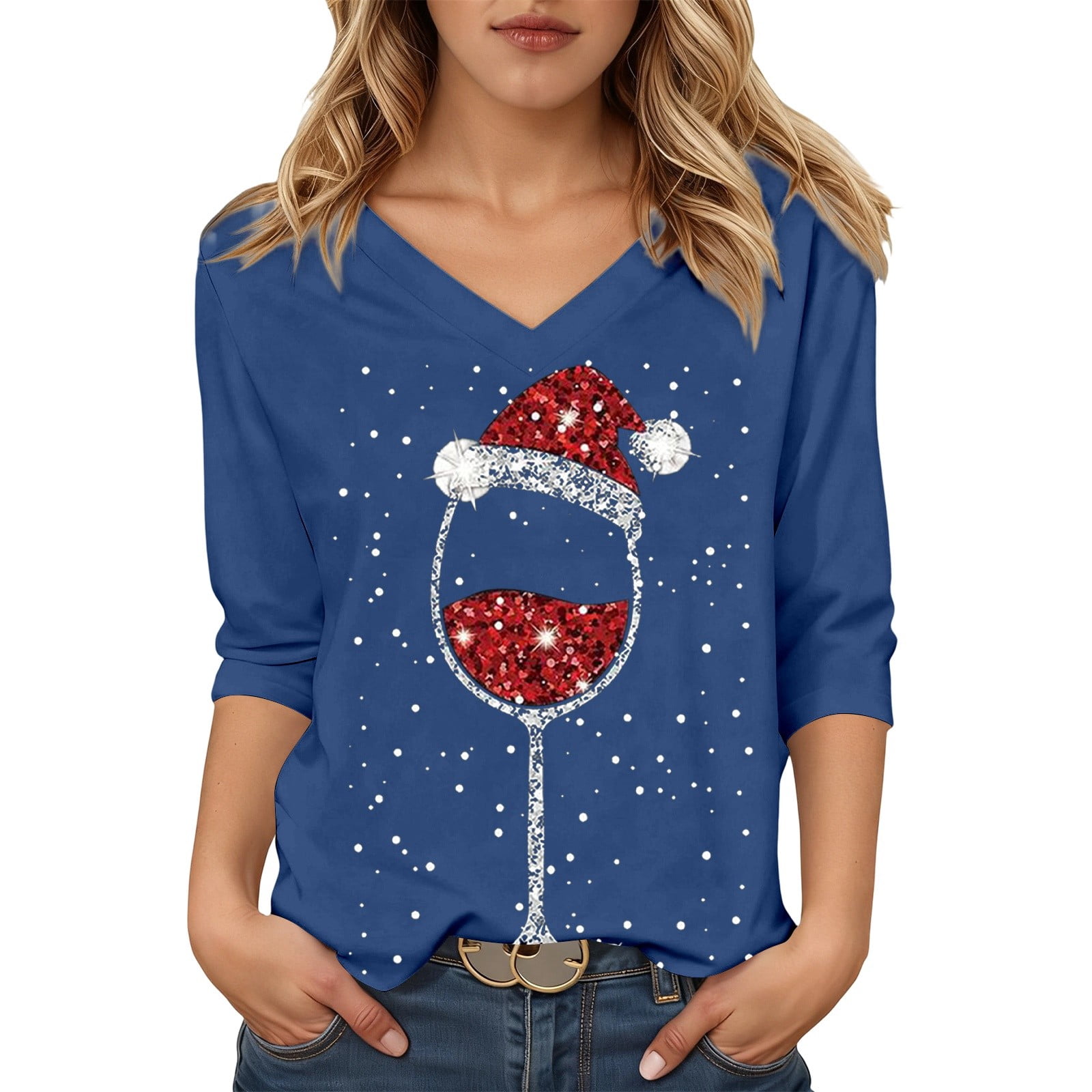 Christmas Tops for Women Xmas Red Glass Graphic 3/4 Sleeved Tee Shirts ...