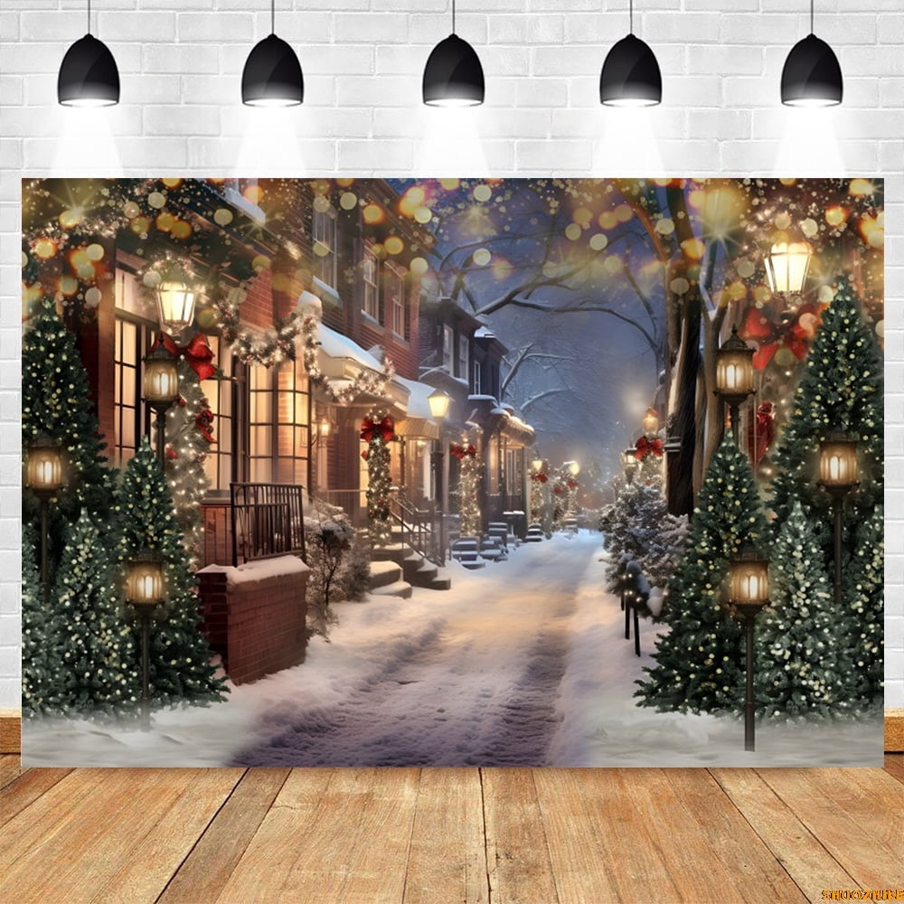 Christmas Town Backdrop Street Shops Snow Lights Xmas Tree Winter Party ...