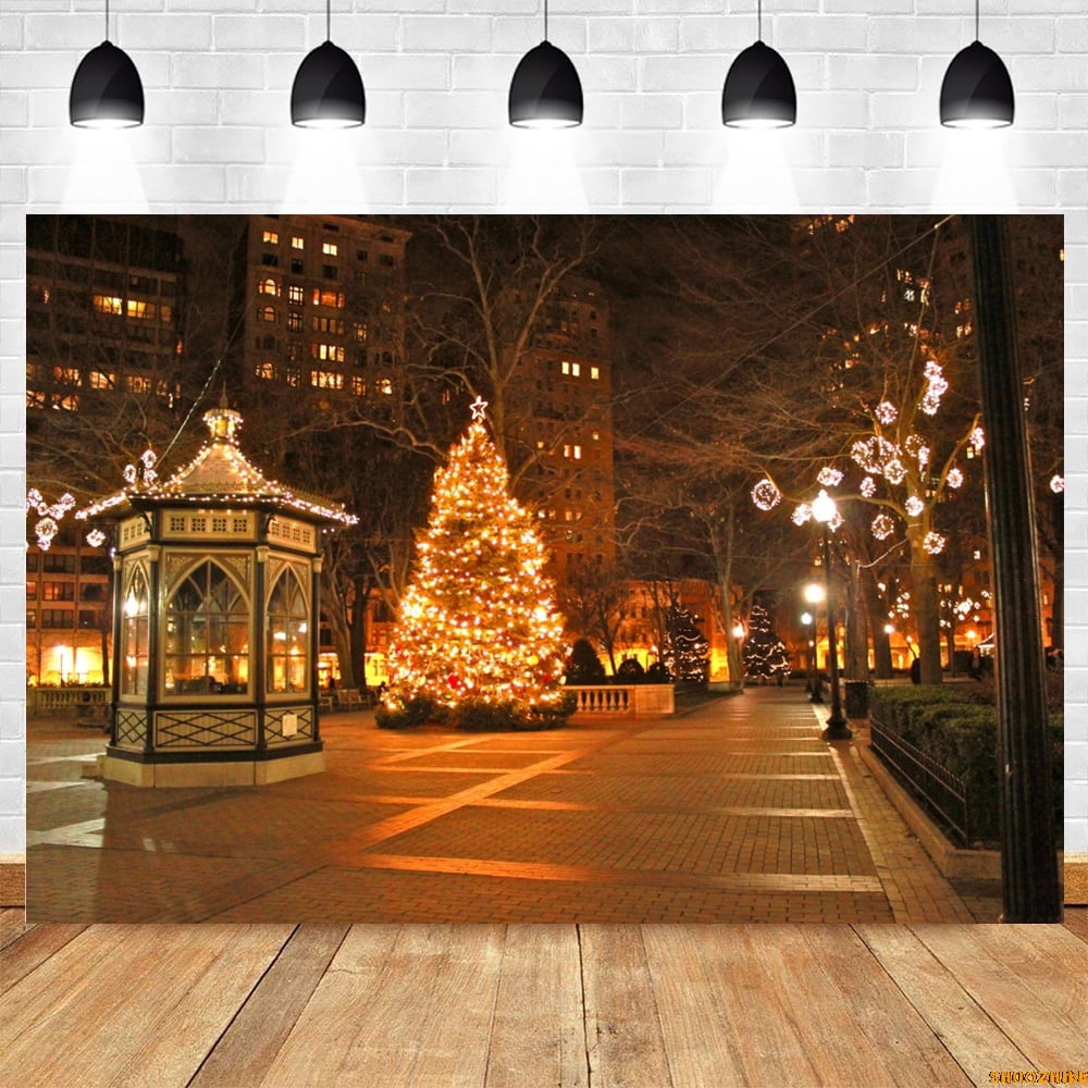 Christmas Town Backdrop Street Shops Snow Lights Xmas Tree Winter Party ...