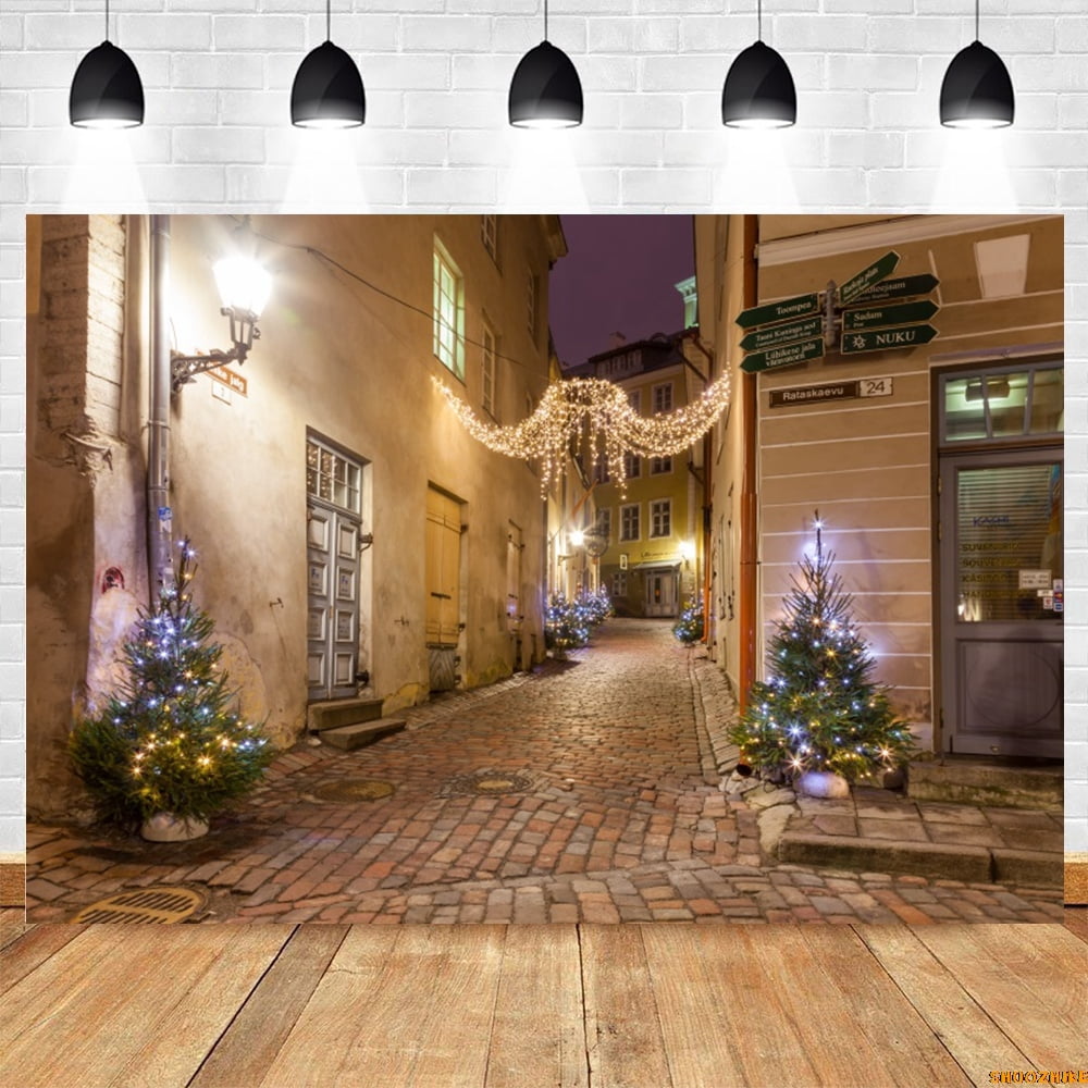 Christmas Town Backdrop Street Shops Snow Lights Xmas Tree Winter Party ...