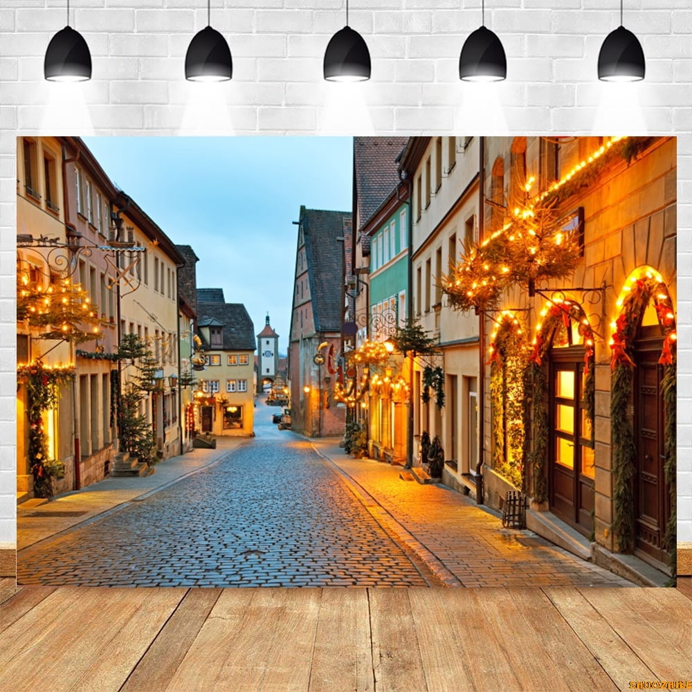 Christmas Town Backdrop Street Shops Snow Lights Xmas Tree Winter Party ...