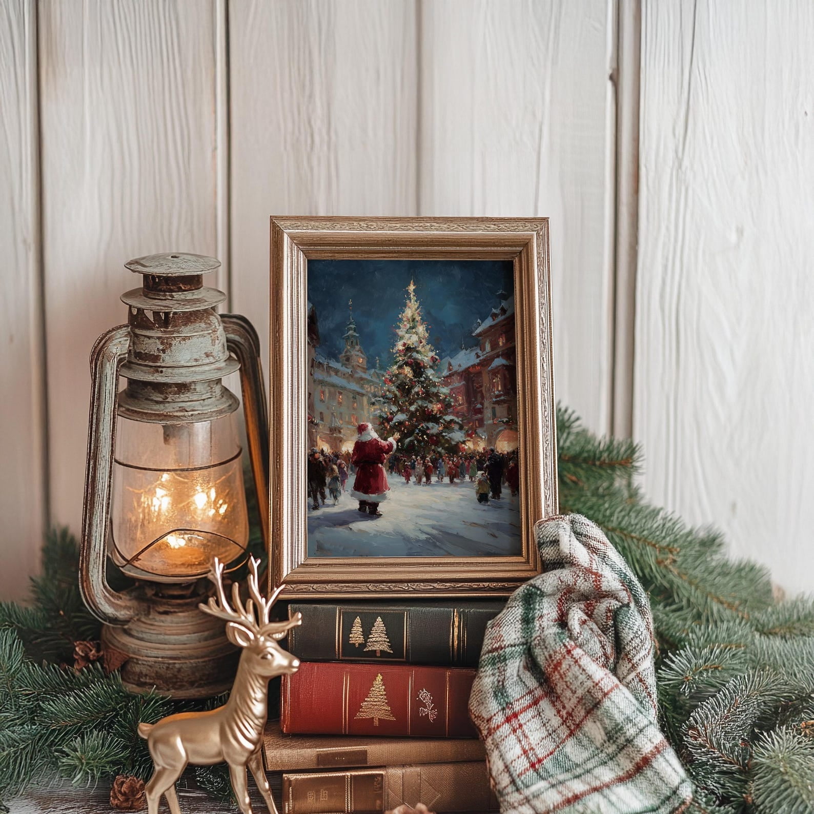 Christmas Town Tree Print Wall Art, Santa Winter Scene Print, Festive ...