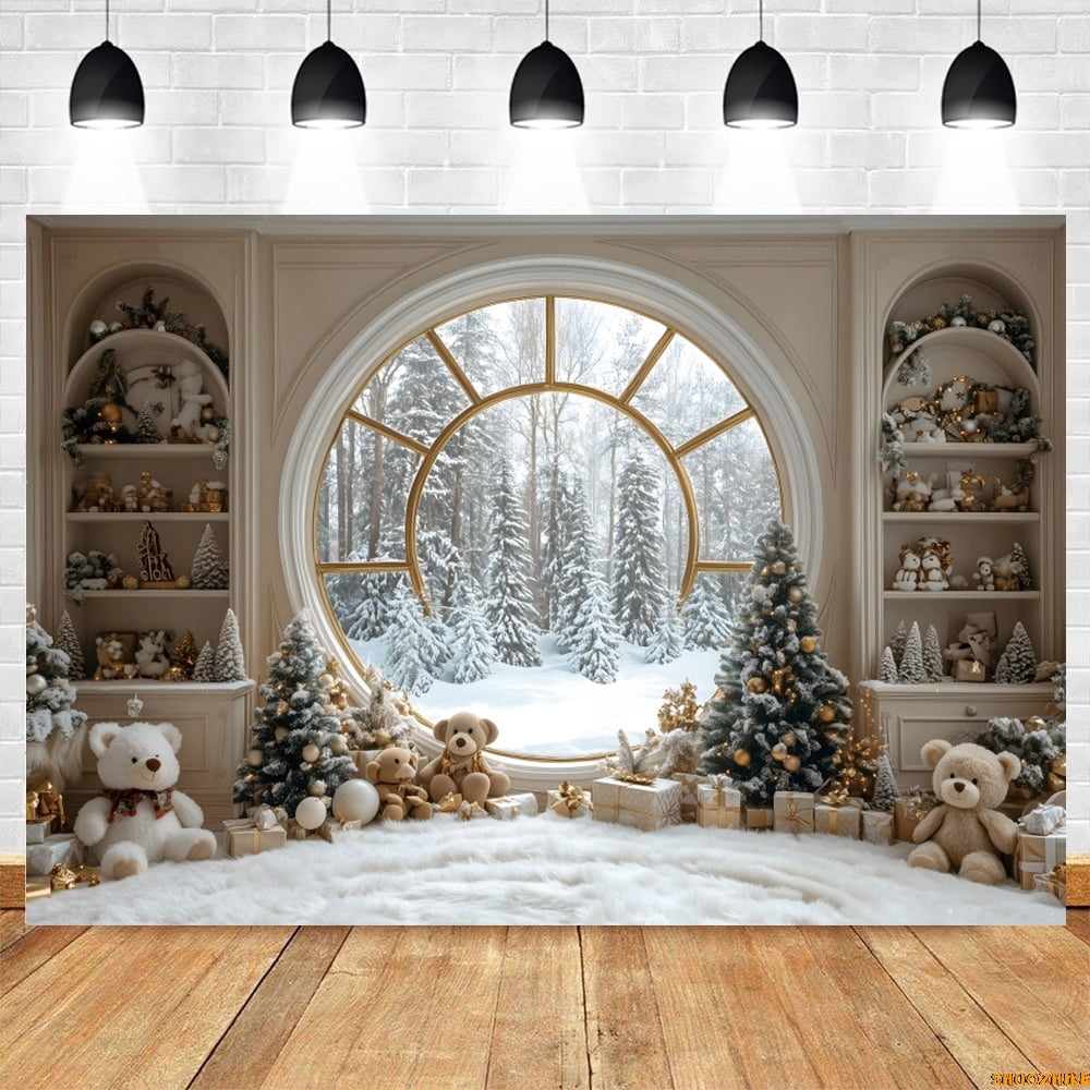 Christmas Toy Bears Gifts Room Backdrop Kids Baby Show Wood Bookshelf ...