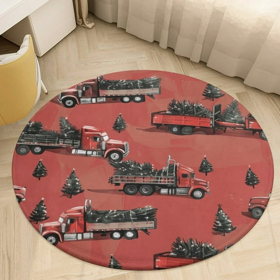 Christmas Train Cedar Tree Round Small Area Rug, Print Non Slip ...