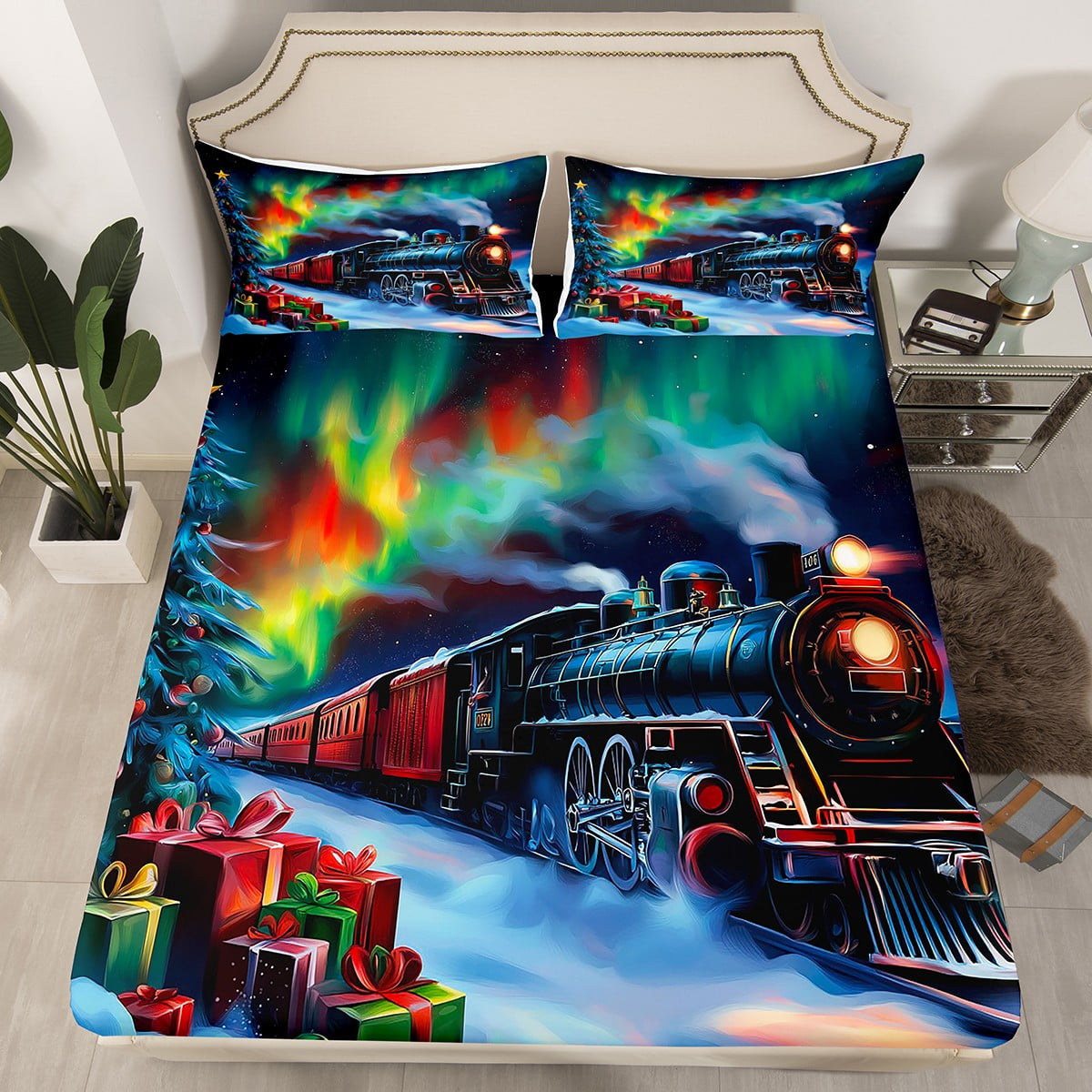 Christmas Train Fitted Sheet Xmas Tree Bedding Set Twin Size Teen,Retro ...