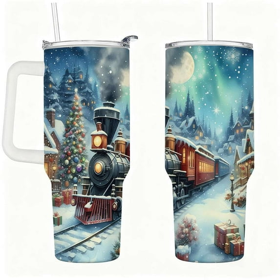 Christmas Train Winter Village Tumbler with Straw and Lid, Holiday Snow ...