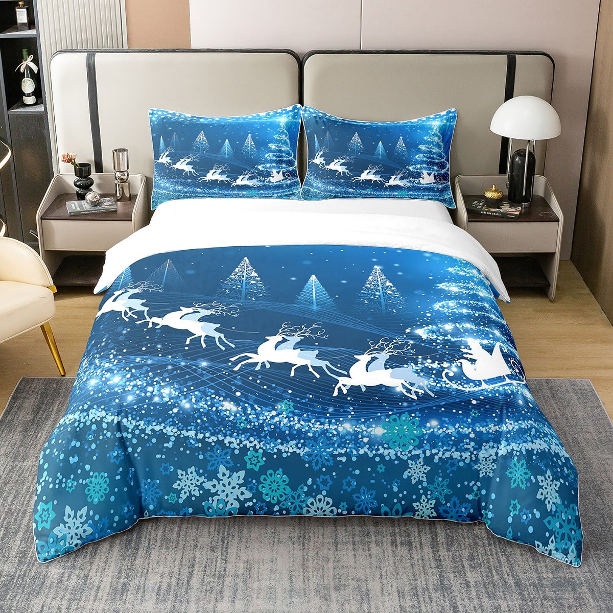 Christmas Tree 100% Cotton Duvet Cover King,Cute Xmas Deer Santa Claus ...