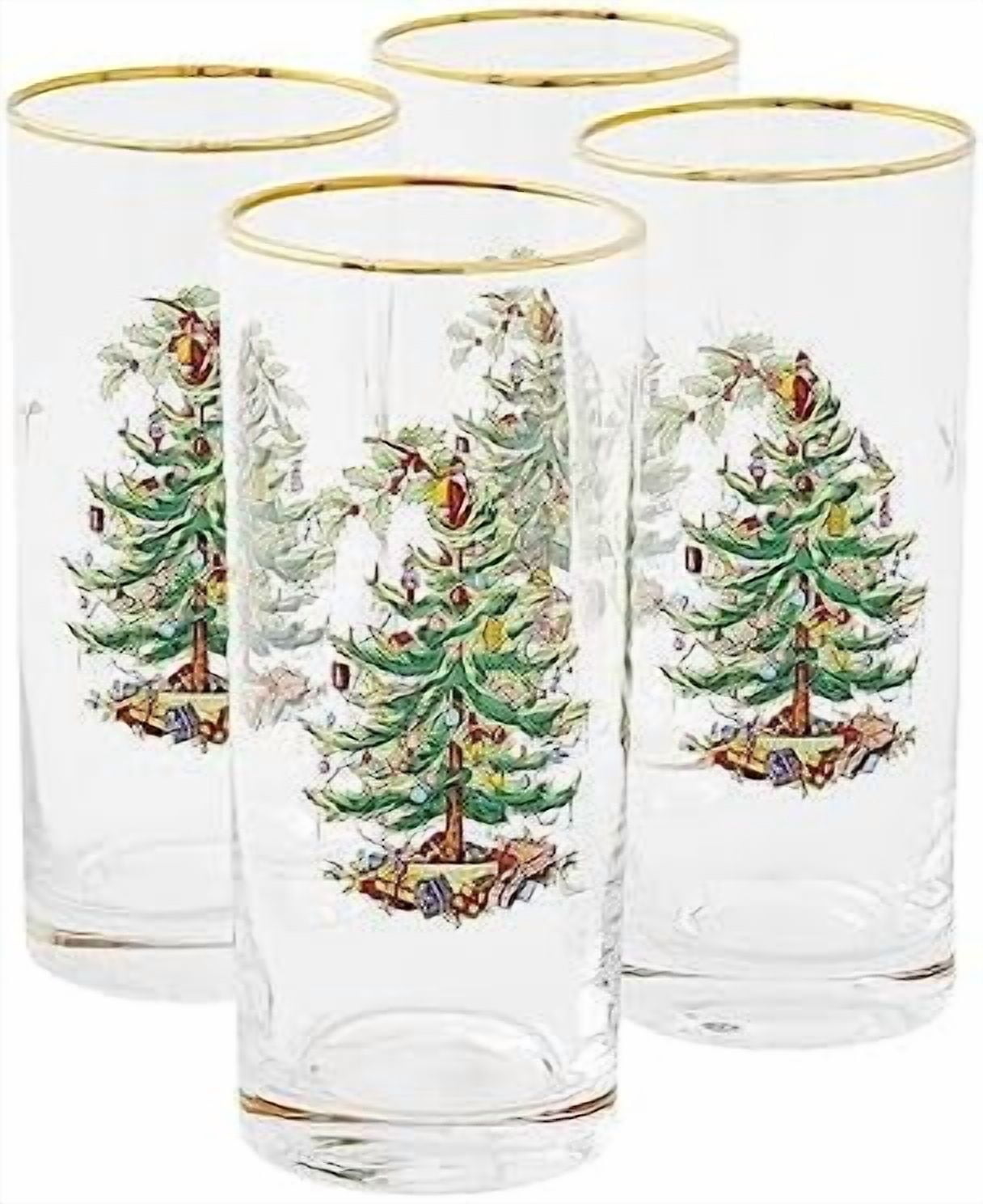 Christmas Tree 15oz Highball Glasses, Set of 4 - Gold-Rimmed Elegant ...