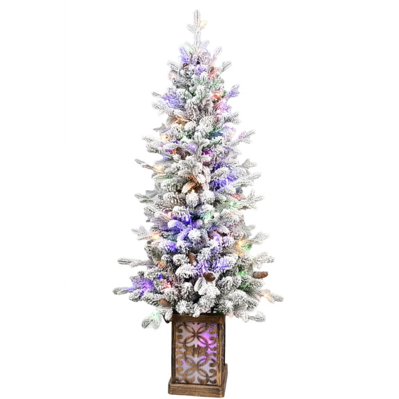 Christmas Tree 4FT Flocked Christmas Tree with Multicolour LED Lights ...