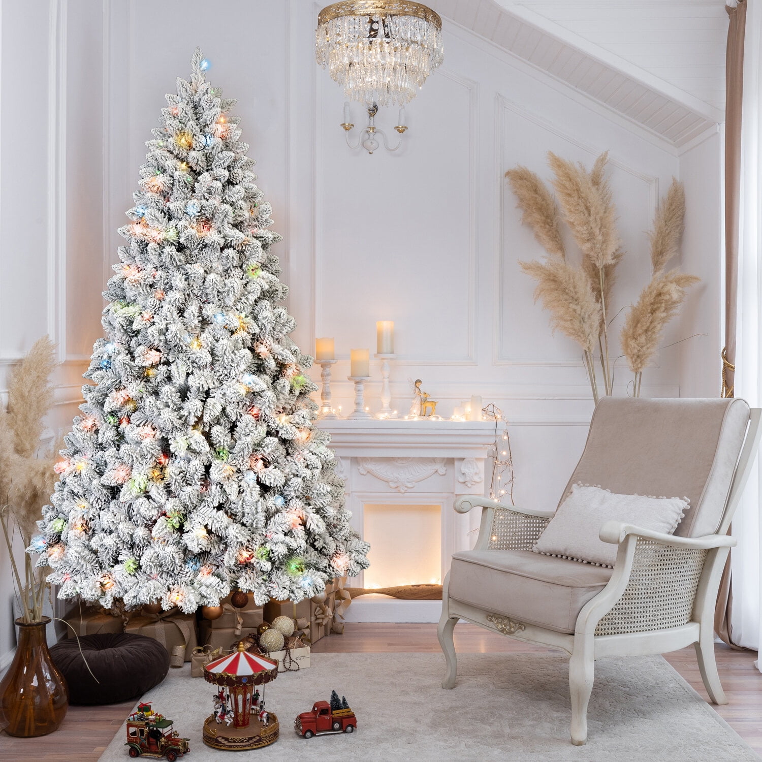 Christmas Tree 6FT Flocked Christmas Tree with 350 Colorful UL Lights ...