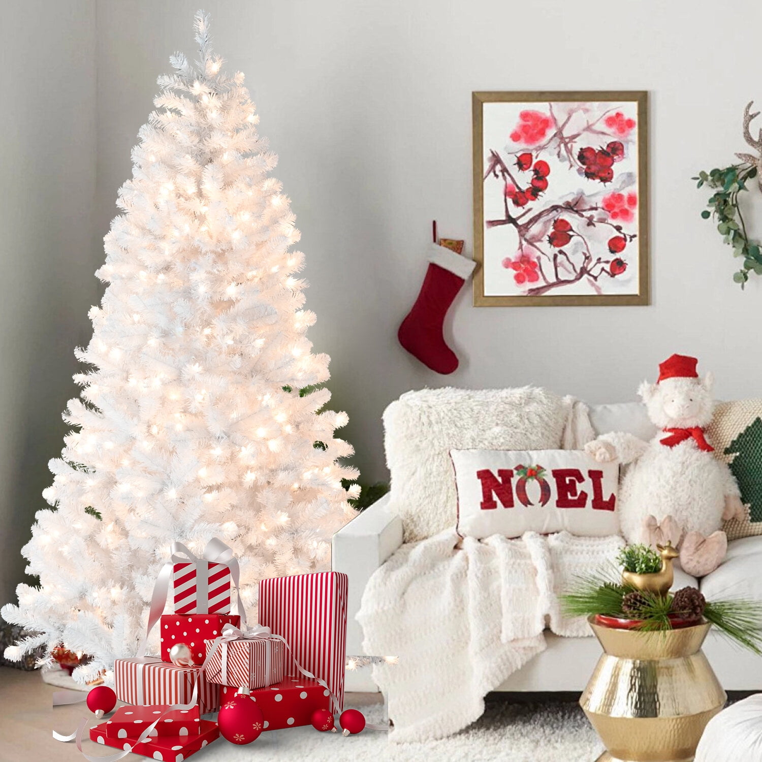 Christmas Tree 7.5FT Pre-Lit White Christmas Tree with Memory Wire ...