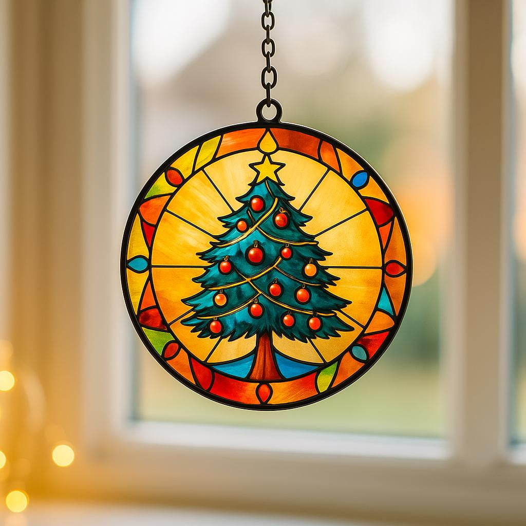 Christmas Tree Acrylic Suncatcher, Faux Stained Glass Holiday Window ...