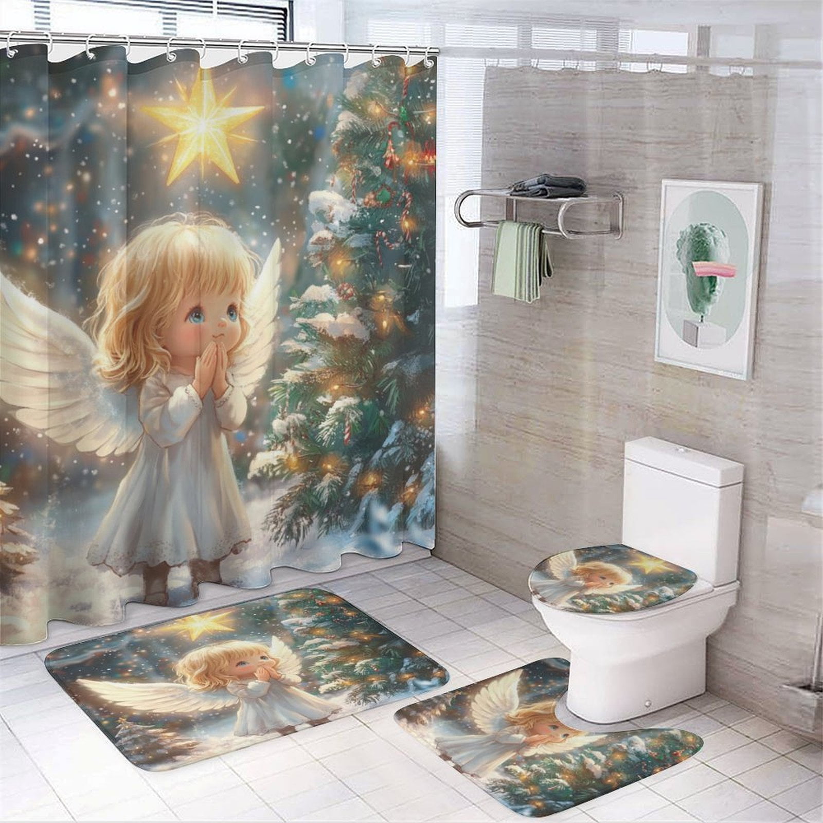 Christmas Tree And Angel Shower Curtain Sets with Rugs 4 Piece Rug ...