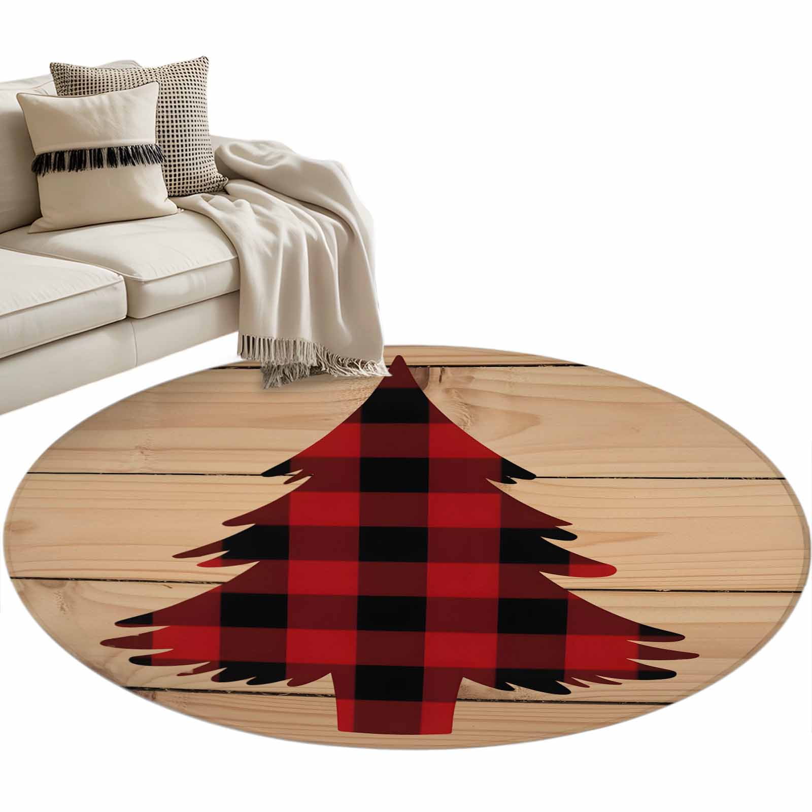 Christmas Tree Area Rug, Red Black Plaid Wood Stripes Texture Washable ...