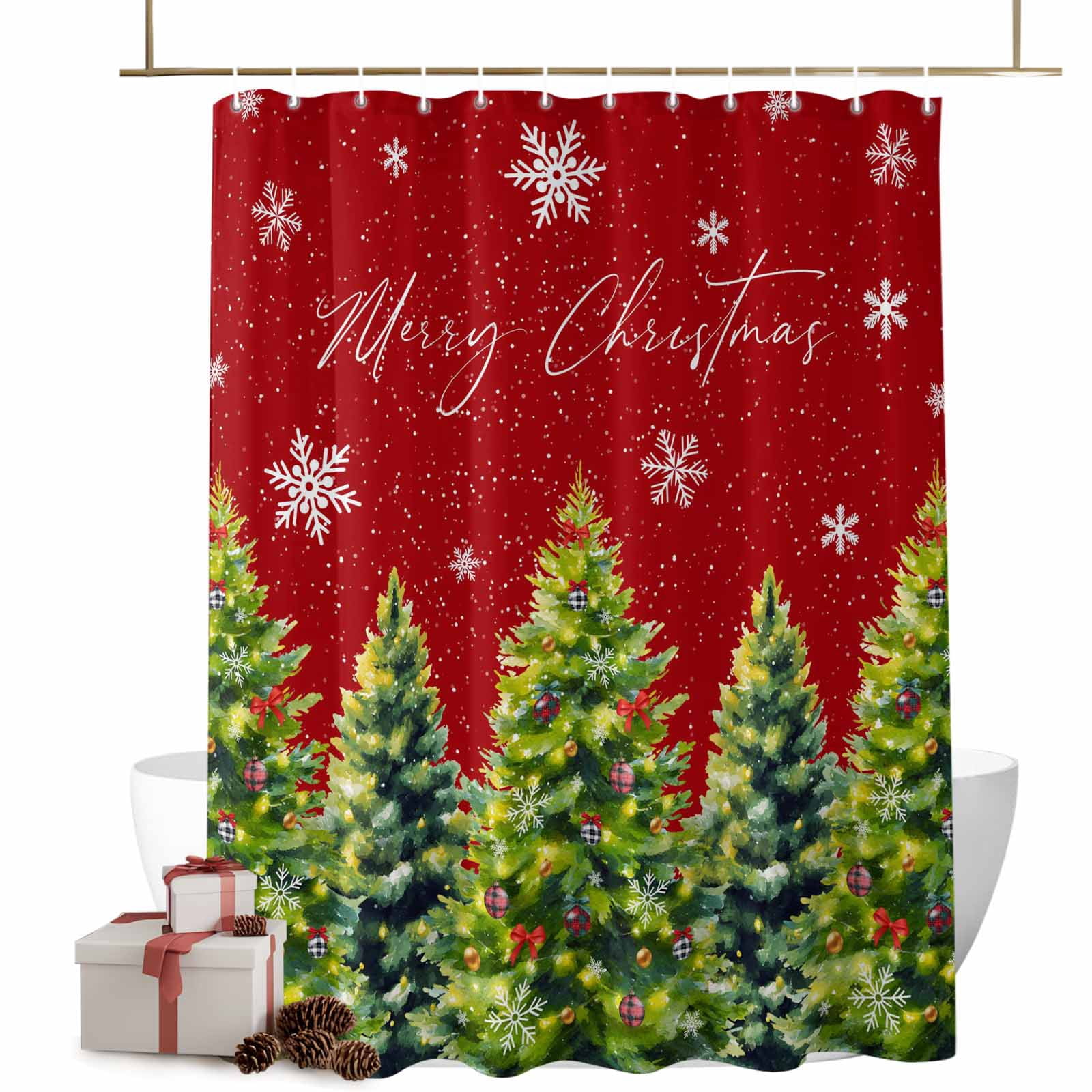 Christmas Tree Bathroom Shower Curtain Pine Tress Xmas Ball Red Snowy ...
