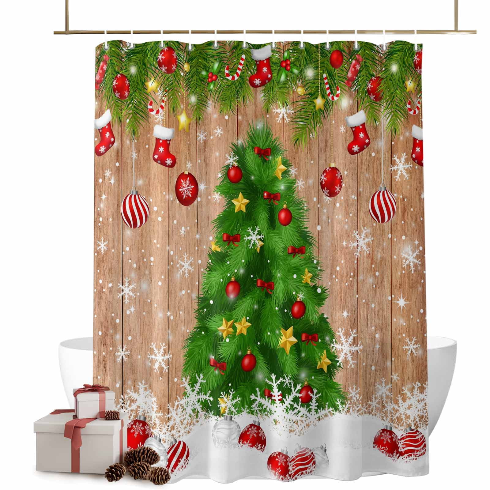 Christmas Tree Bathroom Shower Curtain Red Xmas Balls Evergreen Bough ...