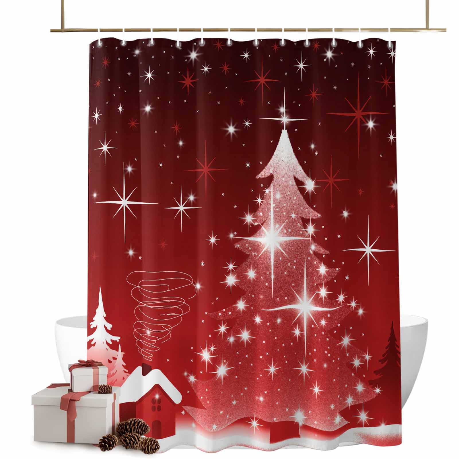 Christmas Tree Bathroom Shower Curtain Shining Stars Sky Red House ...