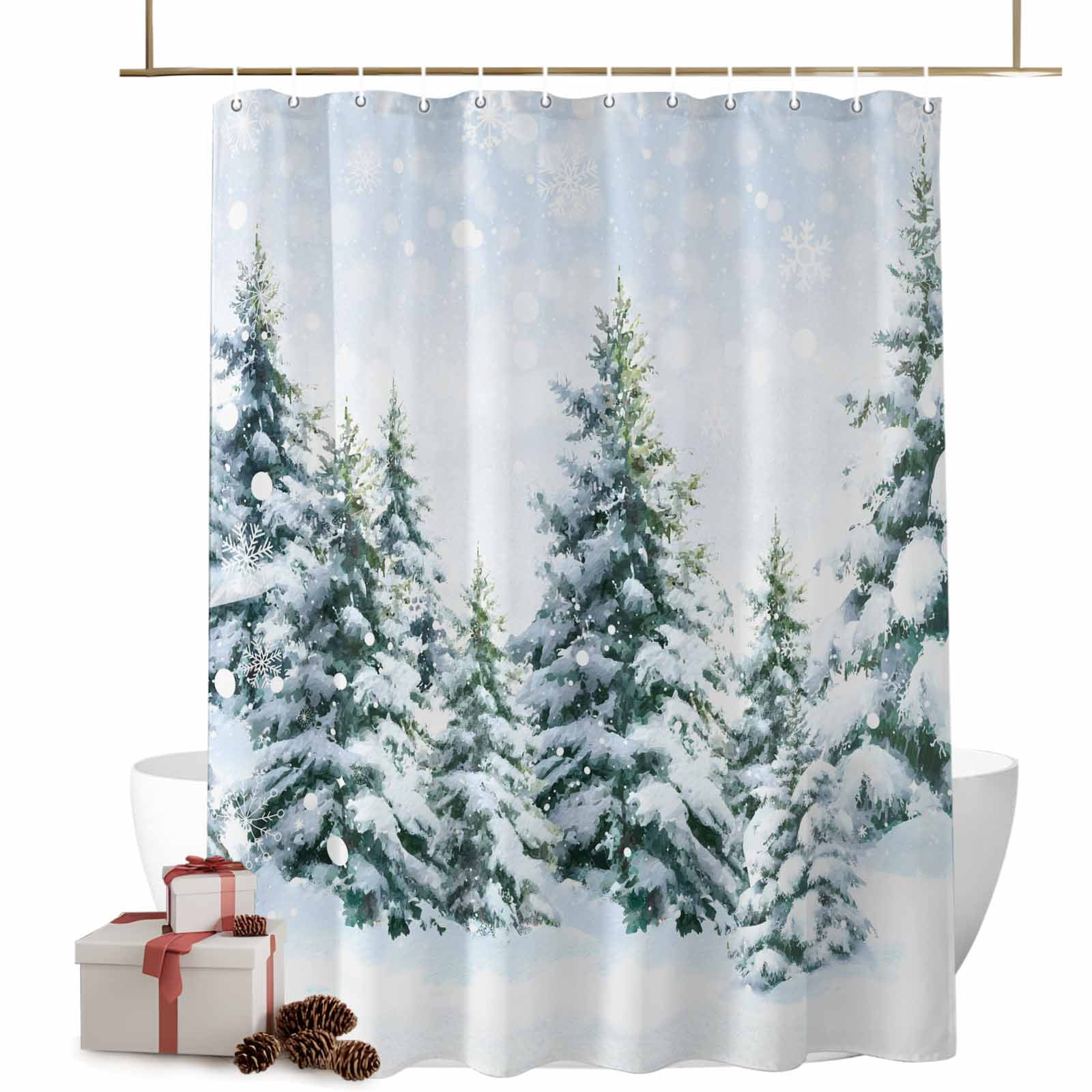Christmas Tree Bathroom Shower Curtain Winter Snow Scene Pine Trees ...