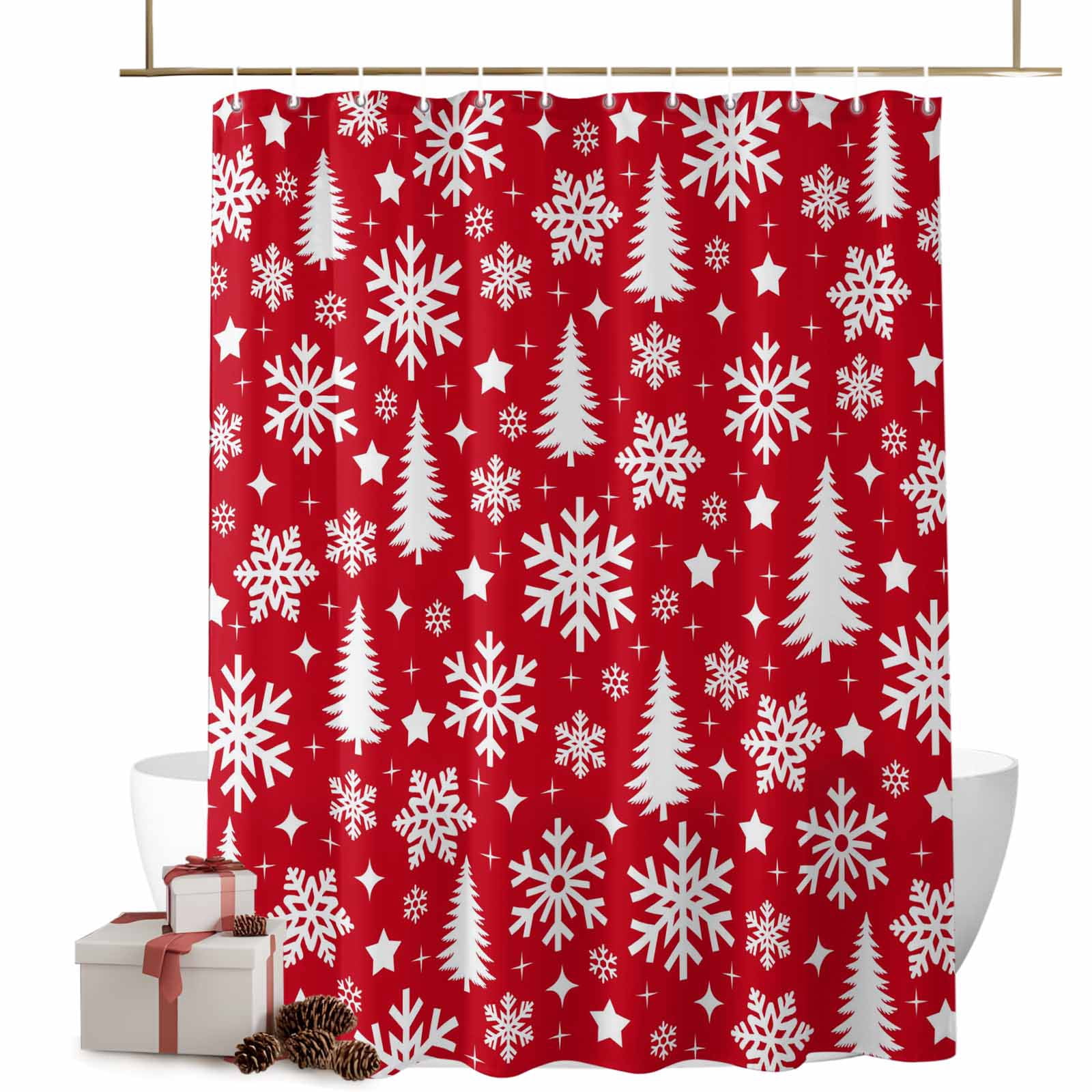 Christmas Tree Bathroom Shower Curtain Winter Snowflakes Stars White ...