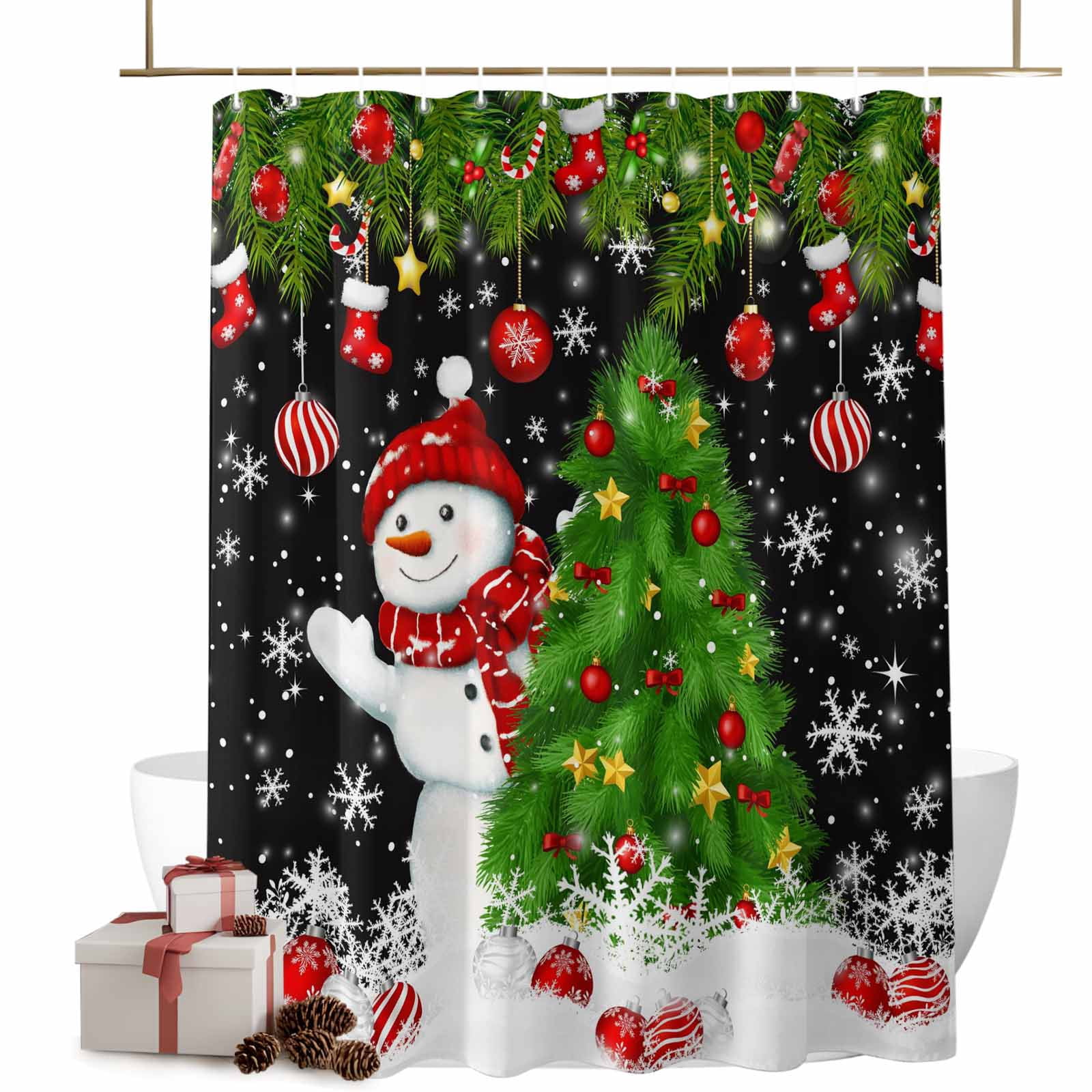 Christmas Tree Bathroom Shower Curtain Xmas Snowman Balls Pine Needles ...