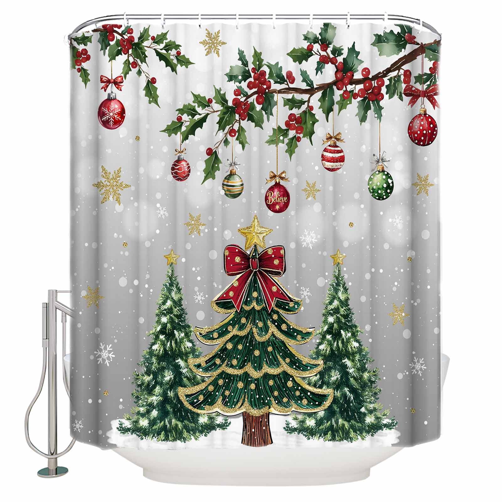 Christmas Tree Bathroom Shower Curtains with 12 Hooks Polyester ...